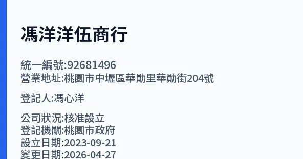 馮洋洋伍商行的照片-統編 92681496(桃園市) 公司登記資料與營業項目詳細圖表