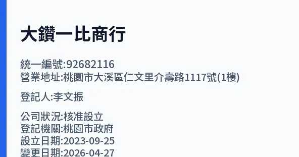 大鑽一比商行的照片-統編 92682116(桃園市) 公司登記資料與營業項目詳細圖表