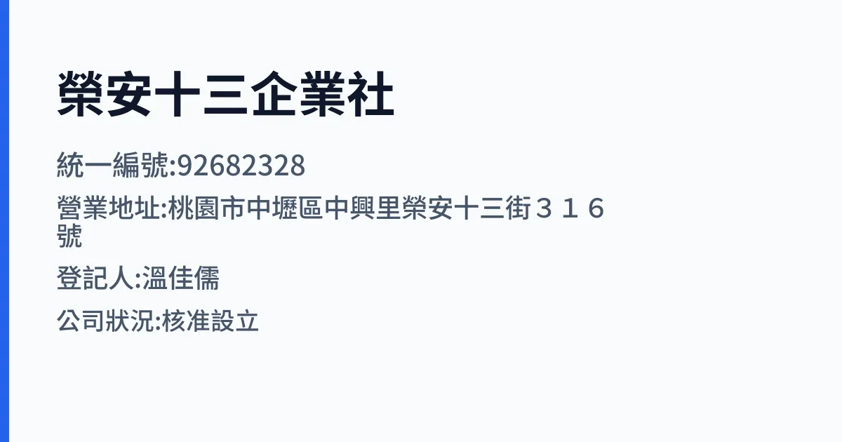 榮安十三企業社 - 統編 92682328(桃園市) 公司登記資料與營業項目詳細圖表