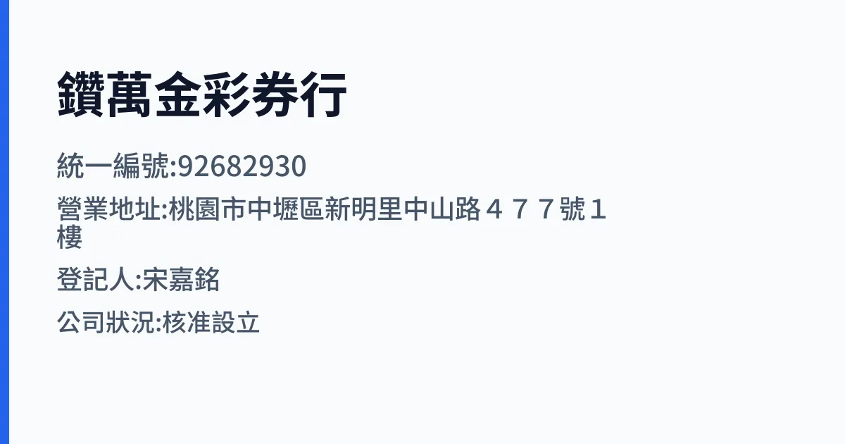 鑽萬金彩券行 - 統編 92682930(桃園市) 公司登記資料與營業項目詳細圖表
