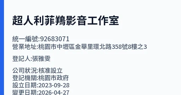 超人利菲鴹影音工作室的照片-統編 92683071(桃園市) 公司登記資料與營業項目詳細圖表