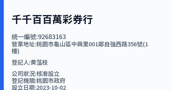 千千百百萬彩券行的照片-統編 92683163(桃園市) 公司登記資料與營業項目詳細圖表