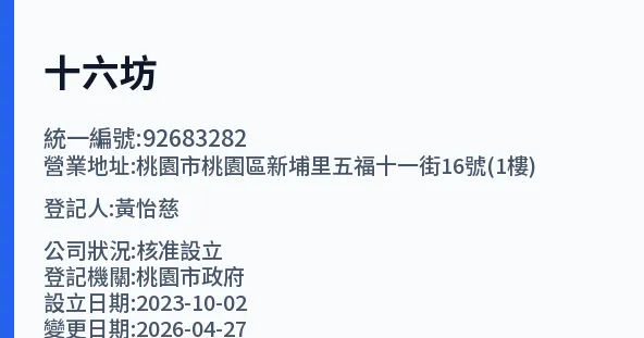 十六坊的照片-統編 92683282(桃園市) 公司登記資料與營業項目詳細圖表