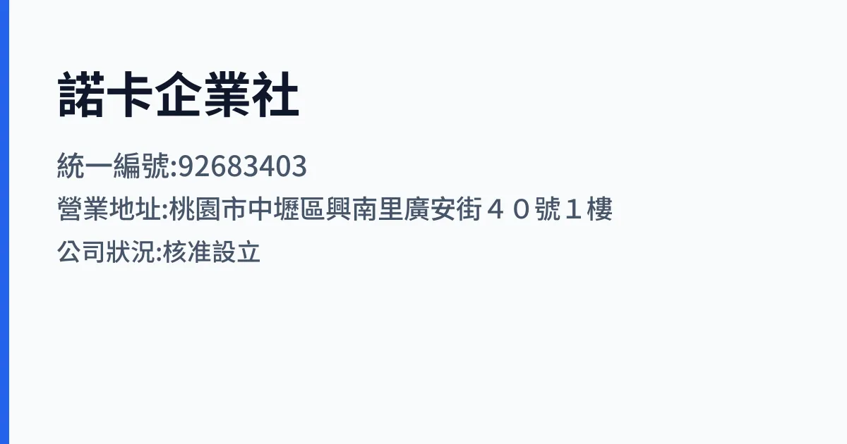 諾卡企業社 - 統編 92683403(桃園市) 公司登記資料與營業項目詳細圖表