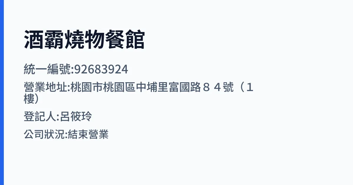 酒霸燒物餐館 - 統編 92683924(桃園市) 公司登記資料與營業項目詳細圖表