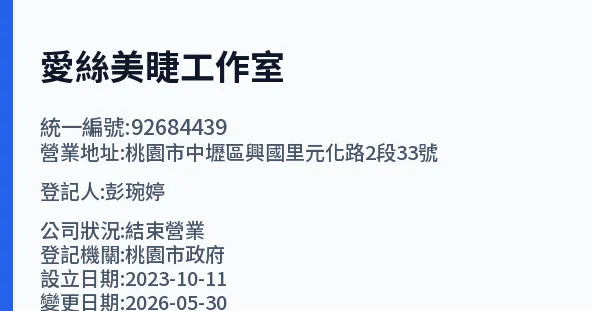 愛絲美睫工作室的照片-統編 92684439(桃園市) 公司登記資料與營業項目詳細圖表