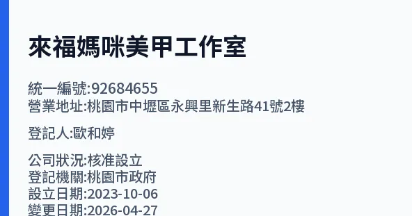 來福媽咪美甲工作室的照片-統編 92684655(桃園市) 公司登記資料與營業項目詳細圖表