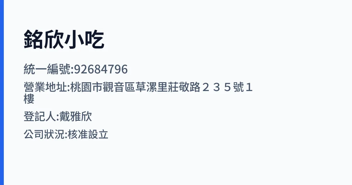銘欣小吃 - 統編 92684796(桃園市) 公司登記資料與營業項目詳細圖表