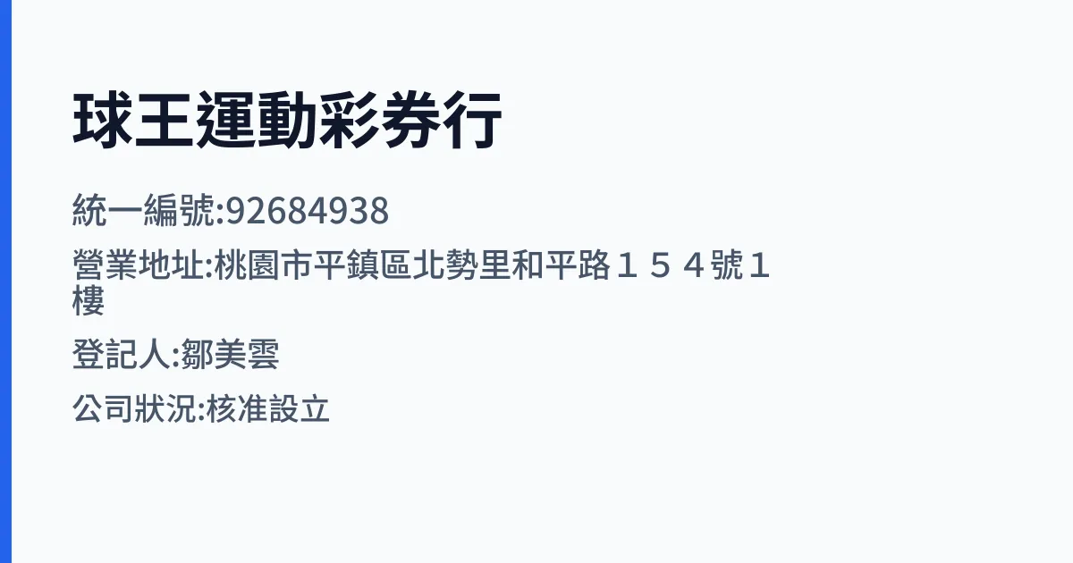 球王運動彩券行 - 統編 92684938(桃園市) 公司登記資料與營業項目詳細圖表