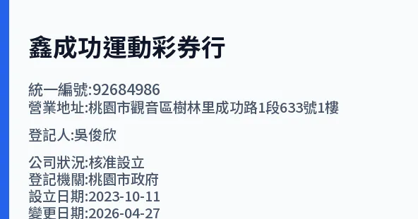 鑫成功運動彩券行的照片-統編 92684986(桃園市) 公司登記資料與營業項目詳細圖表