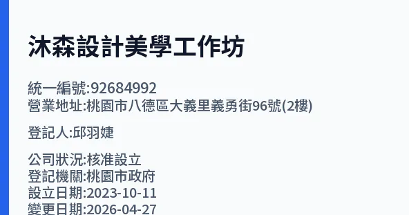 沐森設計美學工作坊的照片-統編 92684992(桃園市) 公司登記資料與營業項目詳細圖表