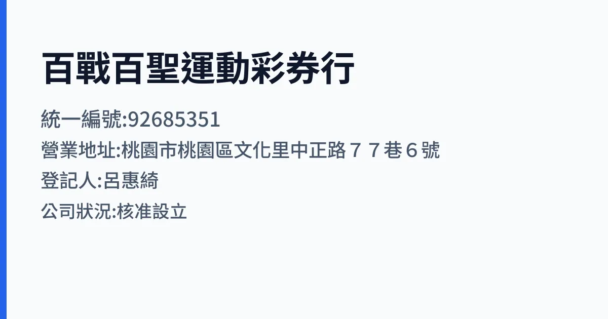 百戰百聖運動彩券行 - 統編 92685351(桃園市) 公司登記資料與營業項目詳細圖表