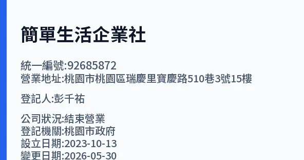 簡單生活企業社的照片-統編 92685872(桃園市) 公司登記資料與營業項目詳細圖表