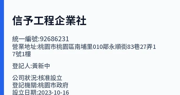信予工程企業社的照片-統編 92686231(桃園市) 公司登記資料與營業項目詳細圖表