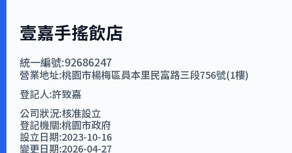 壹嘉手搖飲店的照片-統編 92686247(桃園市) 公司登記資料與營業項目詳細圖表