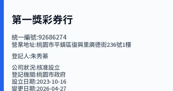 第一獎彩券行的照片-統編 92686274(桃園市) 公司登記資料與營業項目詳細圖表