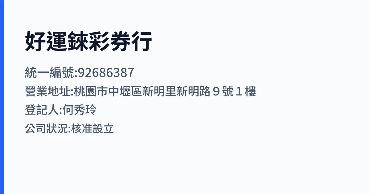 好運錸彩券行 - 統編 92686387(桃園市) 公司登記資料與營業項目詳細圖表