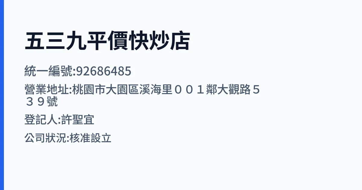 五三九平價快炒店 - 統編 92686485(桃園市) 公司登記資料與營業項目詳細圖表