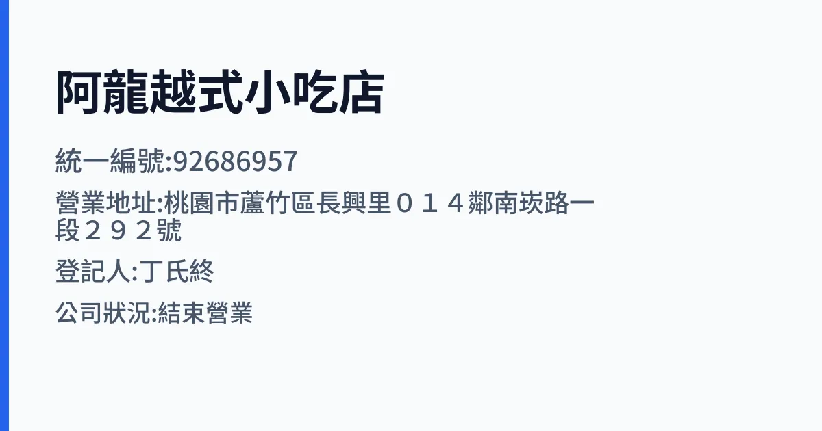阿龍越式小吃店 - 統編 92686957(桃園市) 公司登記資料與營業項目詳細圖表