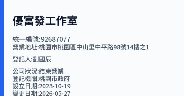 優富發工作室的照片-統編 92687077(桃園市) 公司登記資料與營業項目詳細圖表