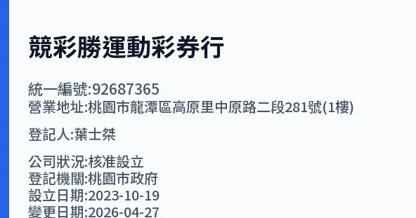競彩勝運動彩券行的照片-統編 92687365(桃園市) 公司登記資料與營業項目詳細圖表