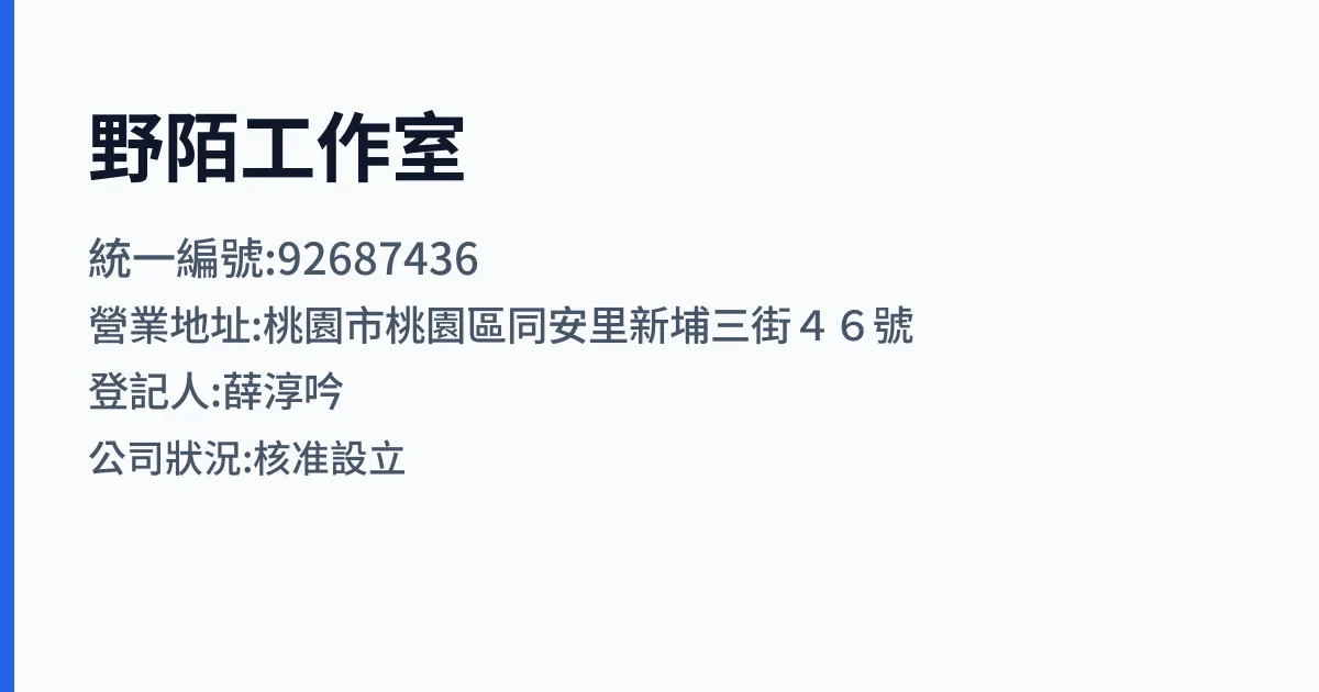 野陌工作室 - 統編 92687436(桃園市) 公司登記資料與營業項目詳細圖表
