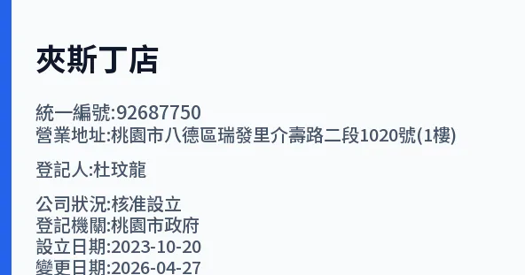 夾斯丁店的照片-統編 92687750(桃園市) 公司登記資料與營業項目詳細圖表