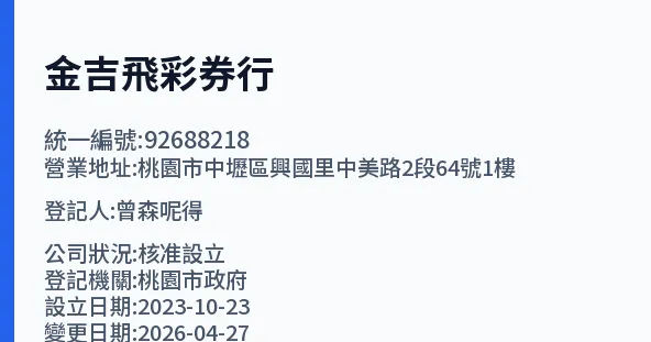 金吉飛彩券行的照片-統編 92688218(桃園市) 公司登記資料與營業項目詳細圖表