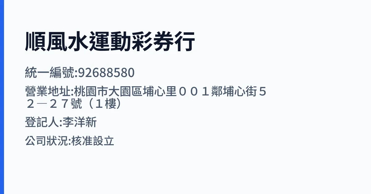 順風水運動彩券行 - 統編 92688580(桃園市) 公司登記資料與營業項目詳細圖表