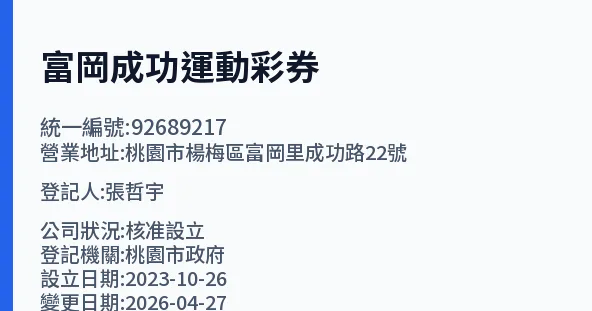 富岡成功運動彩券的照片-統編 92689217(桃園市) 公司登記資料與營業項目詳細圖表