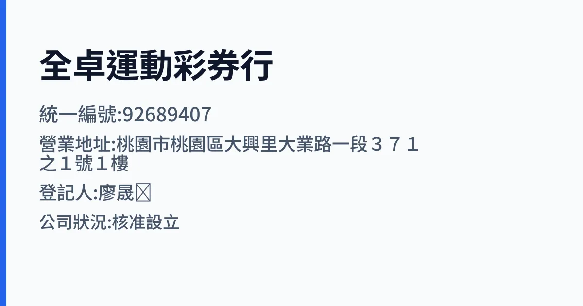 全卓運動彩券行 - 統編 92689407(桃園市) 公司登記資料與營業項目詳細圖表