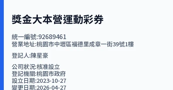 獎金大本營運動彩券的照片-統編 92689461(桃園市) 公司登記資料與營業項目詳細圖表