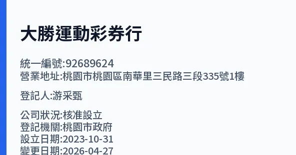 大勝運動彩券行的照片-統編 92689624(桃園市) 公司登記資料與營業項目詳細圖表