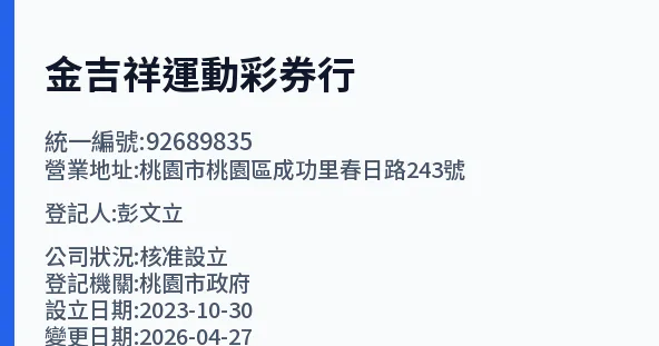 金吉祥運動彩券行的照片-統編 92689835(桃園市) 公司登記資料與營業項目詳細圖表