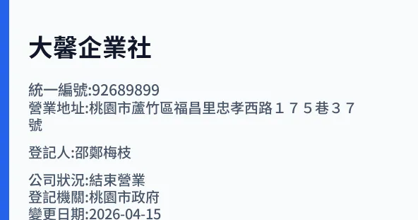 大馨企業社的照片-統編 92689899(桃園市) 公司登記資料與營業項目詳細圖表