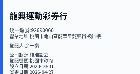 龍興運動彩券行的照片-統編 92690066(桃園市) 公司登記資料與營業項目詳細圖表