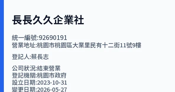 長長久久企業社的照片-統編 92690191(桃園市) 公司登記資料與營業項目詳細圖表