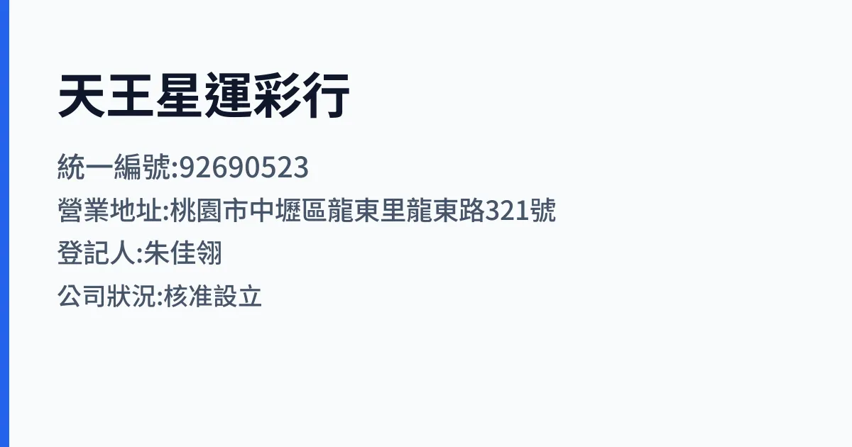 天王星運彩行 - 統編 92690523(桃園市) 公司登記資料與營業項目詳細圖表