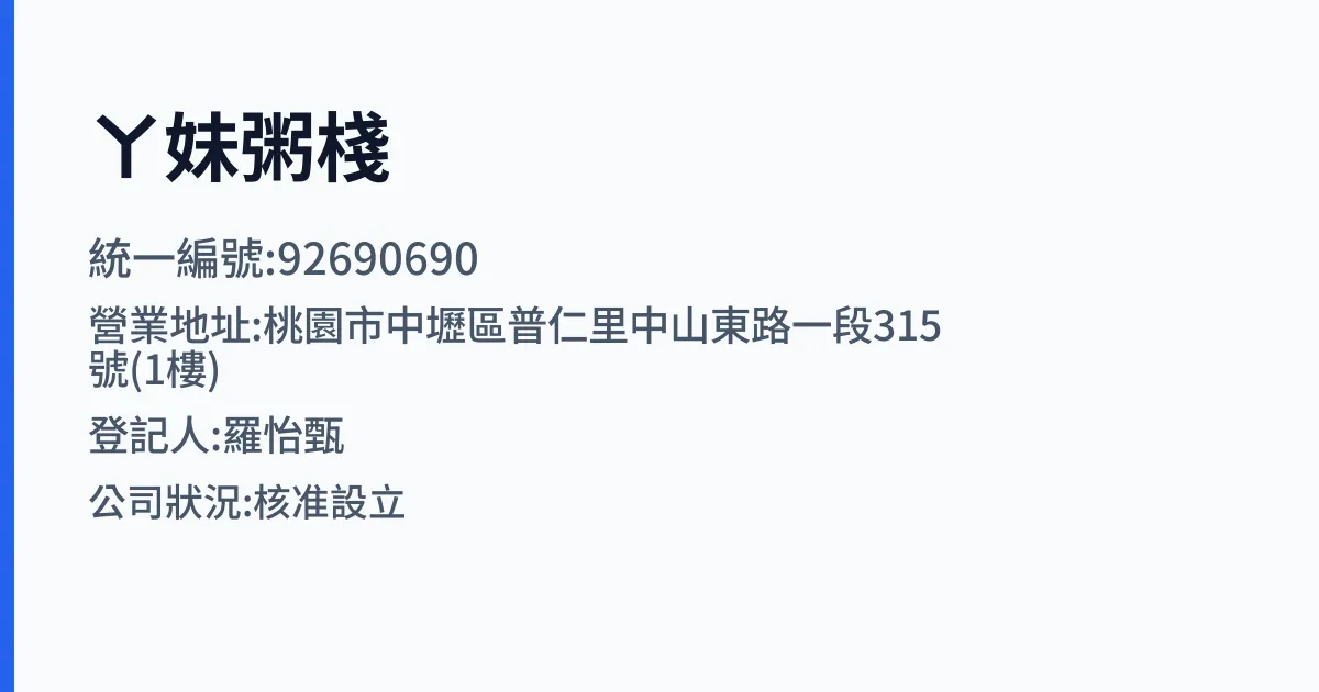 ㄚ妹粥棧 - 統編 92690690(桃園市) 公司登記資料與營業項目詳細圖表