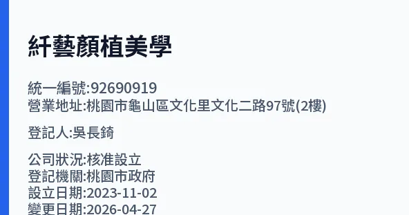 䊹藝顏植美學的照片-統編 92690919(桃園市) 公司登記資料與營業項目詳細圖表