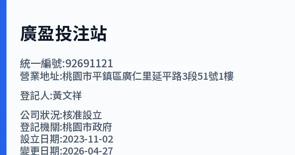 廣盈投注站的照片-統編 92691121(桃園市) 公司登記資料與營業項目詳細圖表