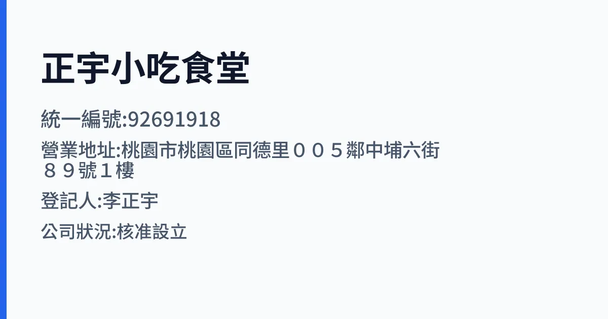 正宇小吃食堂 - 統編 92691918(桃園市) 公司登記資料與營業項目詳細圖表
