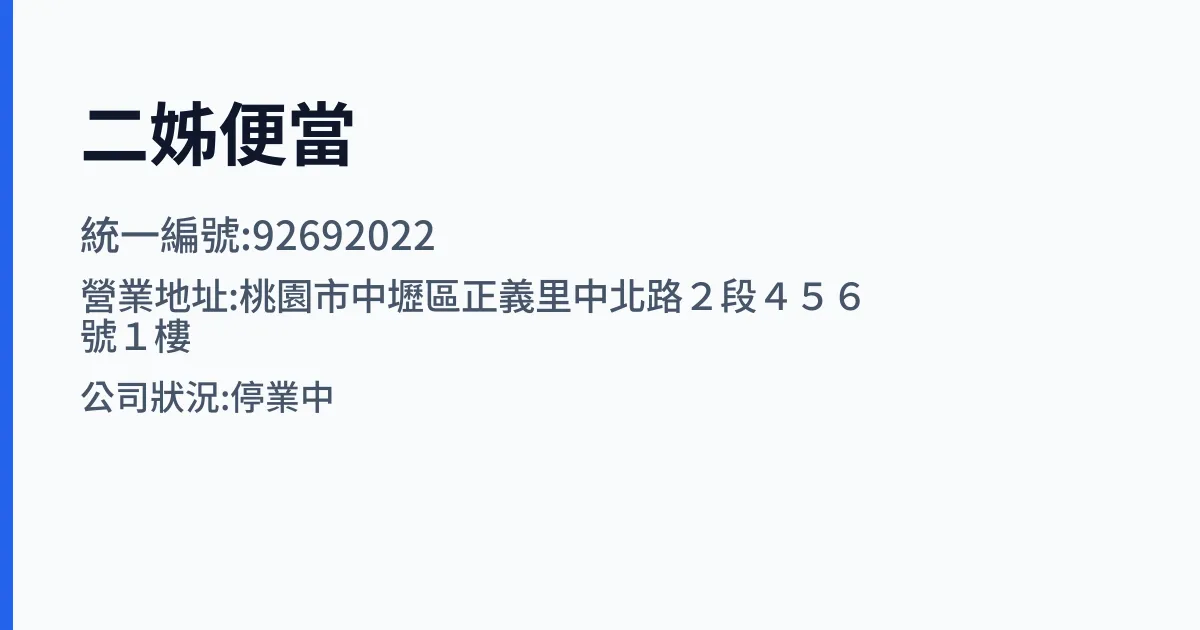 二姊便當 - 統編 92692022(桃園市) 公司登記資料與營業項目詳細圖表