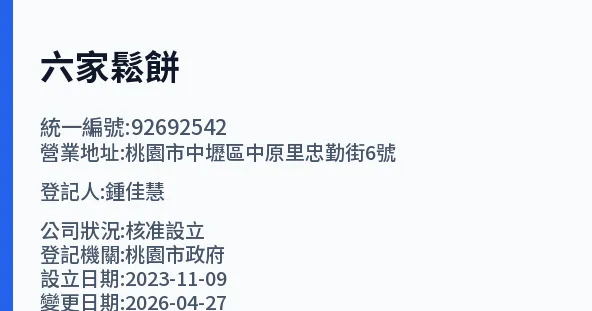 六家鬆餅的照片-統編 92692542(桃園市) 公司登記資料與營業項目詳細圖表