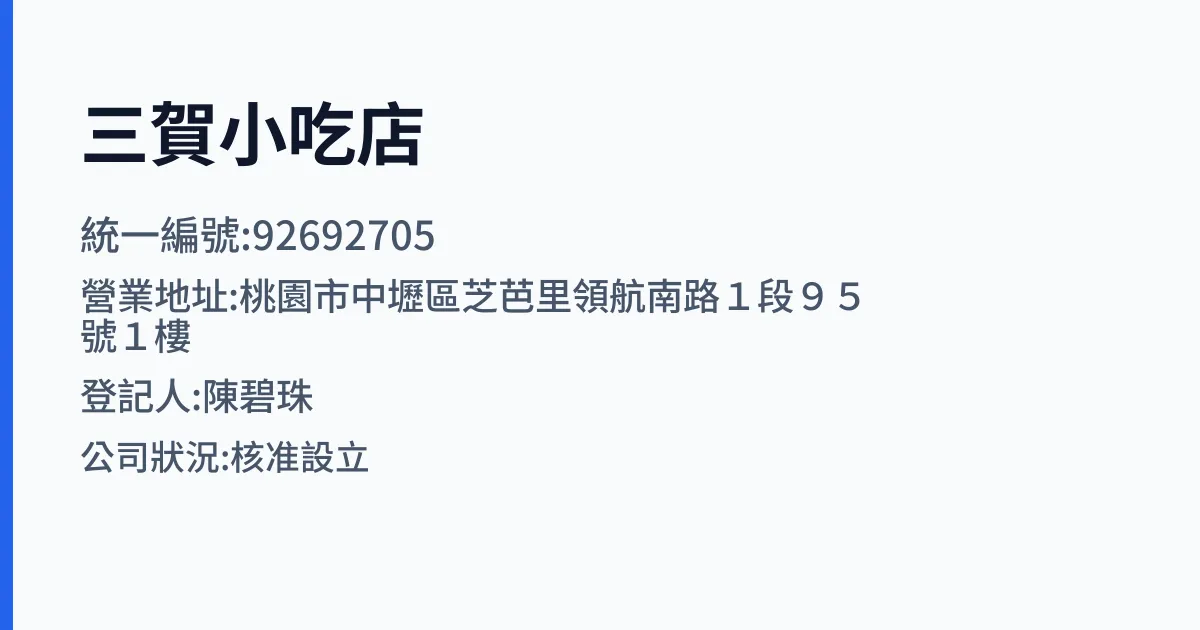 三賀小吃店 - 統編 92692705(桃園市) 公司登記資料與營業項目詳細圖表