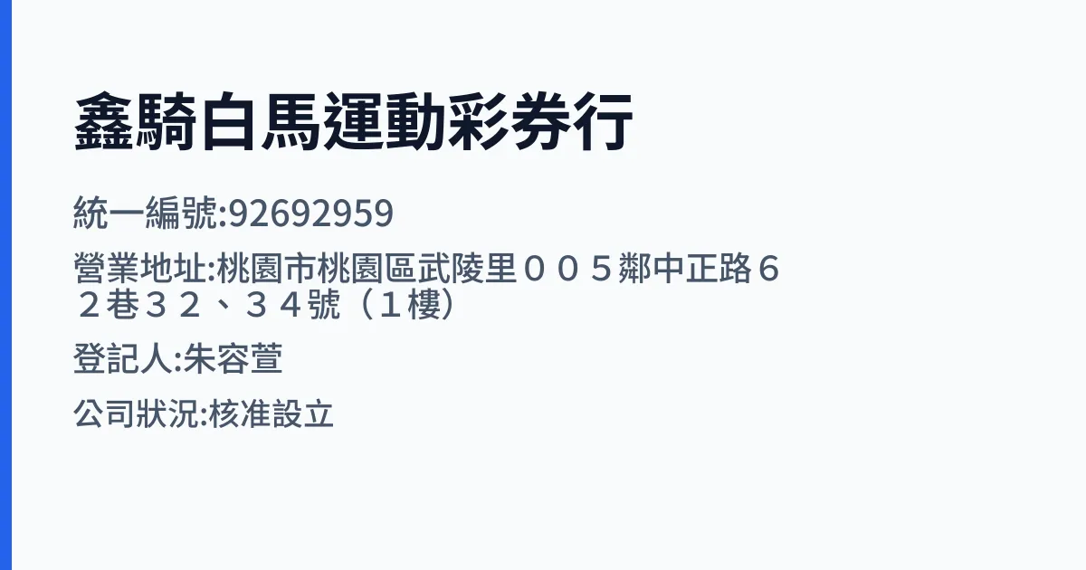 鑫騎白馬運動彩券行 - 統編 92692959(桃園市) 公司登記資料與營業項目詳細圖表