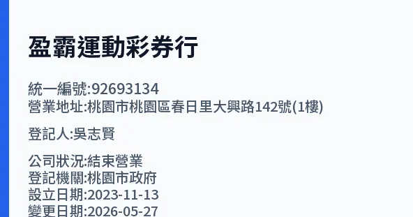 盈霸運動彩券行的照片-統編 92693134(桃園市) 公司登記資料與營業項目詳細圖表
