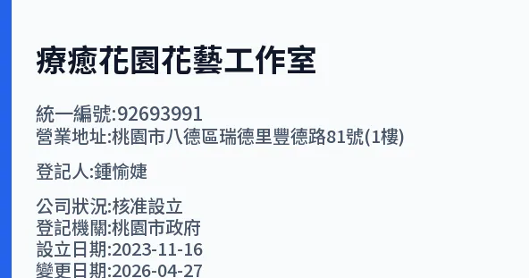 療癒花園花藝工作室的照片-統編 92693991(桃園市) 公司登記資料與營業項目詳細圖表