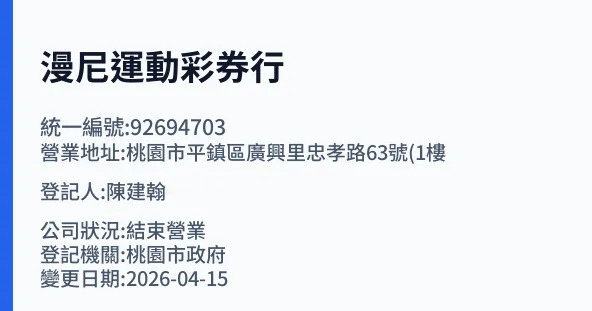 漫尼運動彩券行的照片-統編 92694703(桃園市) 公司登記資料與營業項目詳細圖表