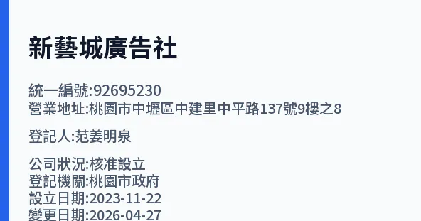 新藝城廣告社的照片-統編 92695230(桃園市) 公司登記資料與營業項目詳細圖表